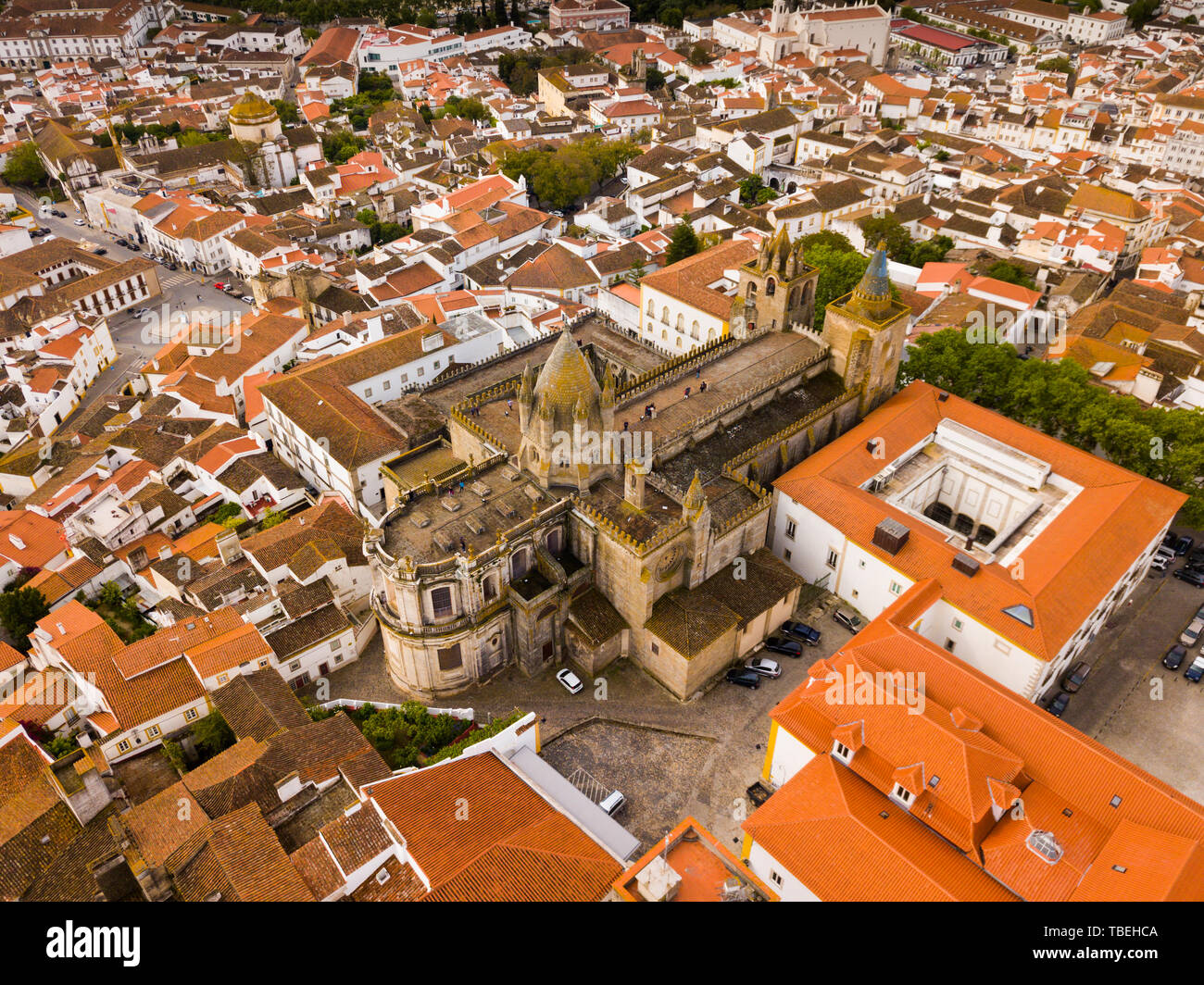 Picturesque aerial view of Evora city with medieval Cathedral of Evora ...