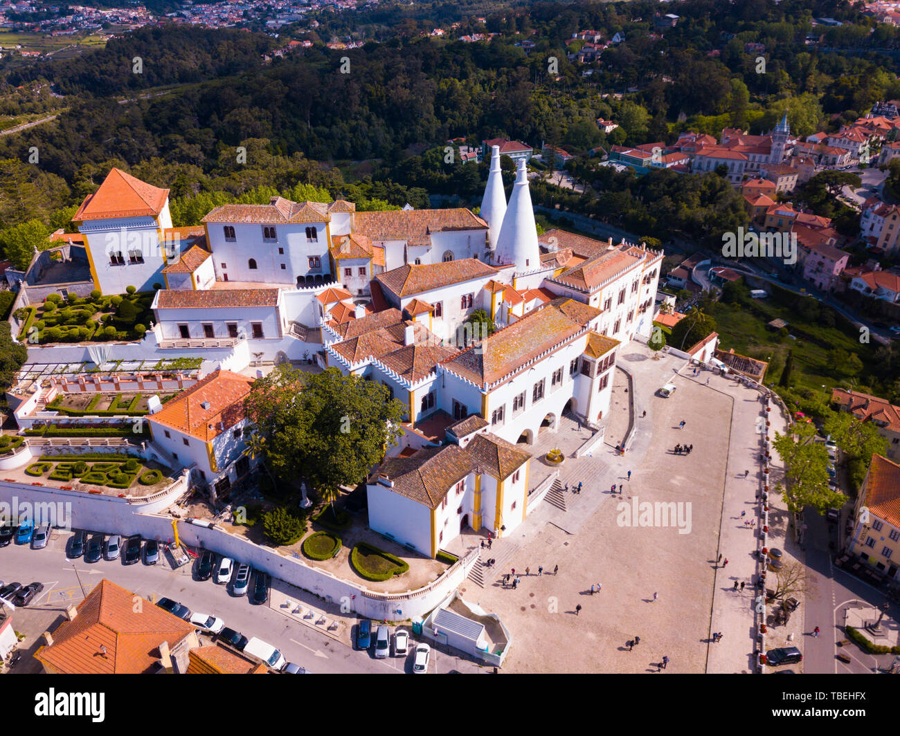 Aerial view of impressive Sintra National Palace, Portugal, Europe ...