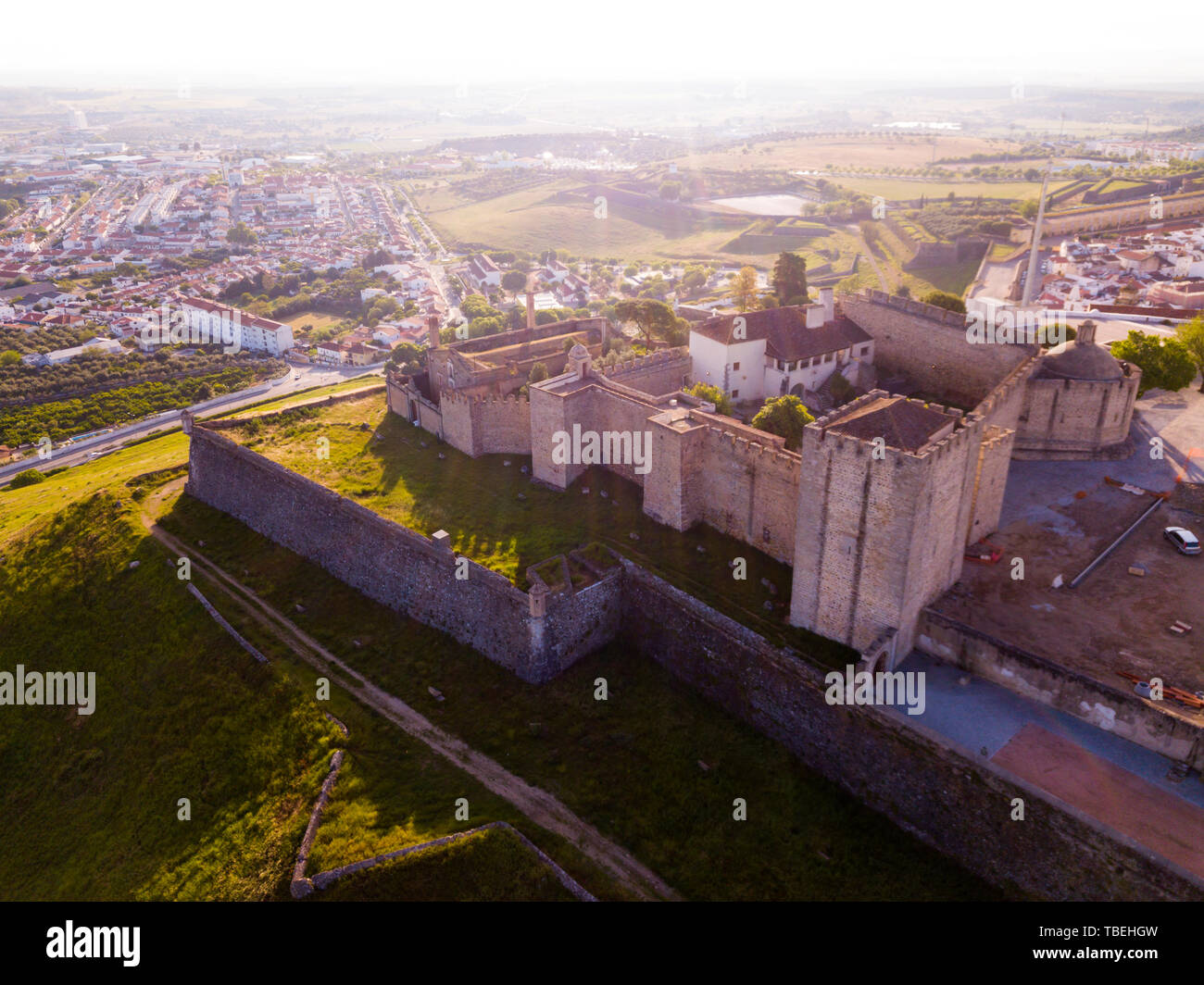 Aerial view of medieval fortification Castle of Elvas, Portugal, Europe ...