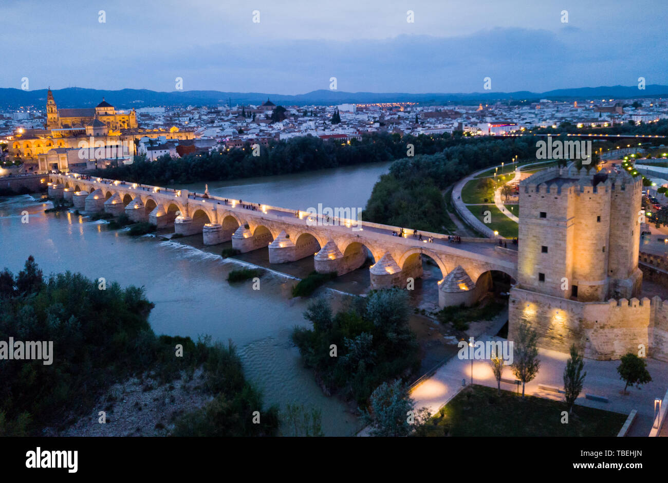 Night aerial view of Historic centre of Cordoba with antique Roman ...