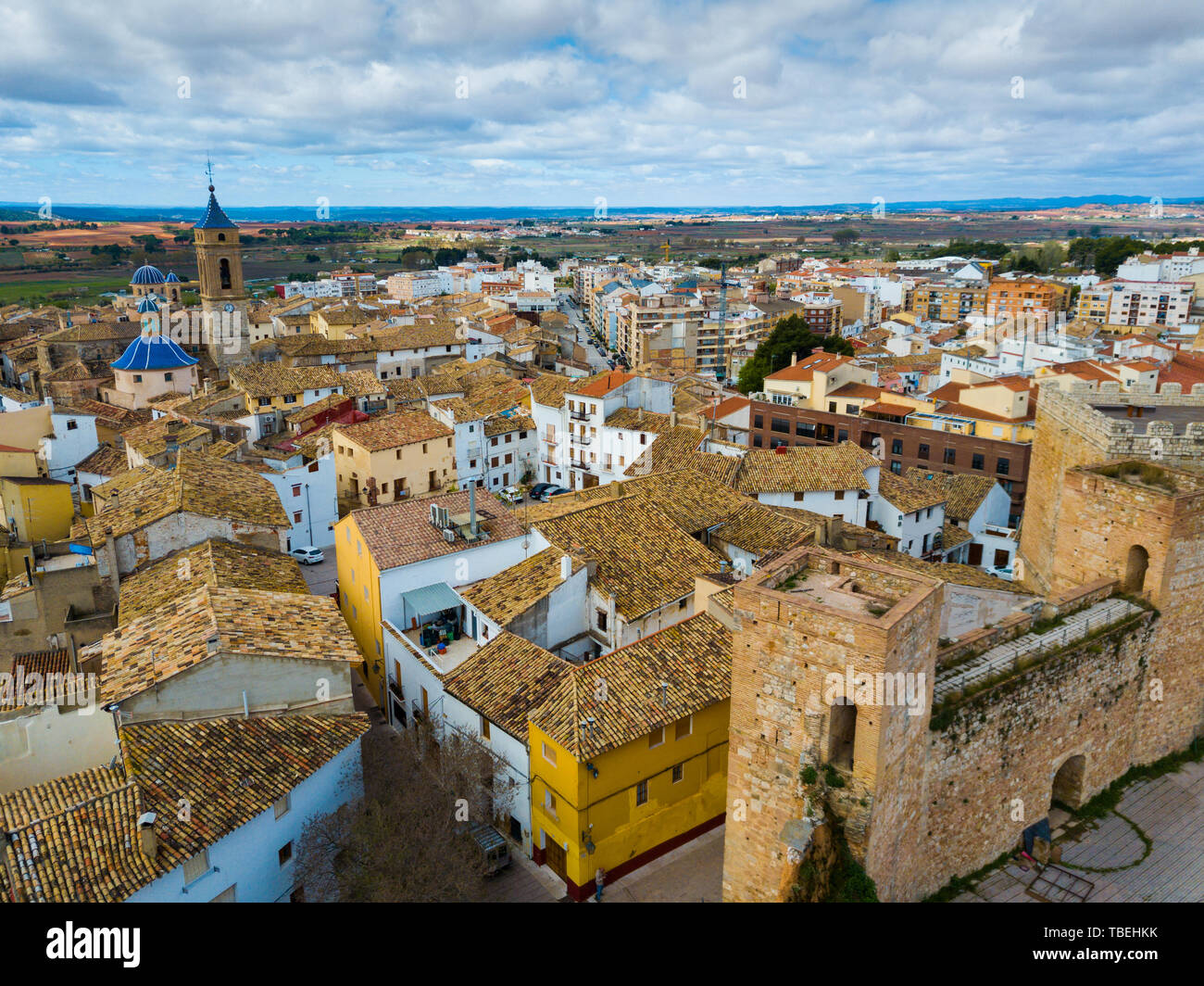 Aerial view of Castle towers and fortress in old town of Requena, Spain ...