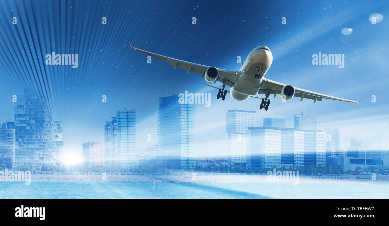 Airplane hovering highly in the sky over skyscrapers Stock Photo - Alamy