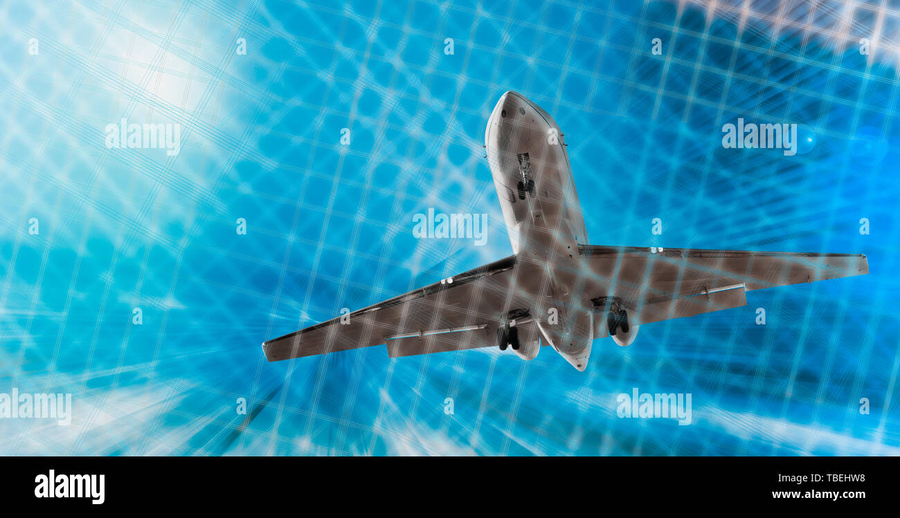 Big airplane taking up motion in sky on landscape blurred background ...