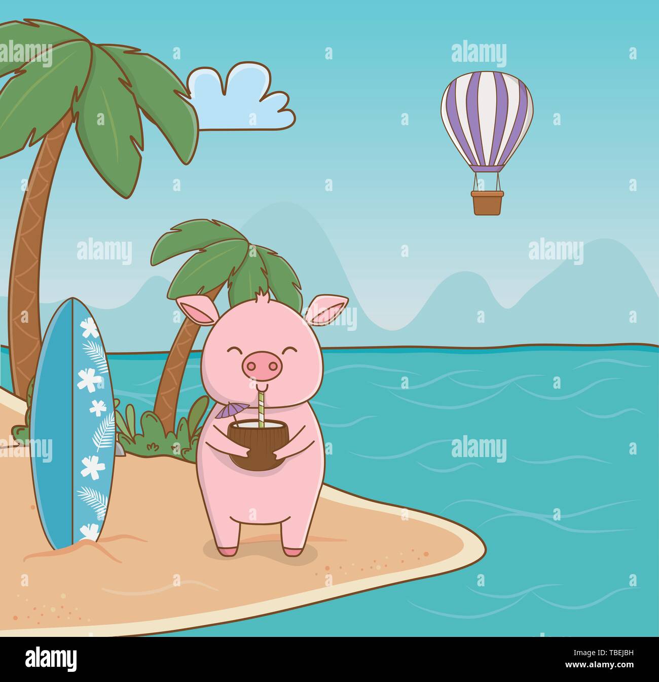 Pig cartoon design, Summer vacation beach tropical tourism and season ...