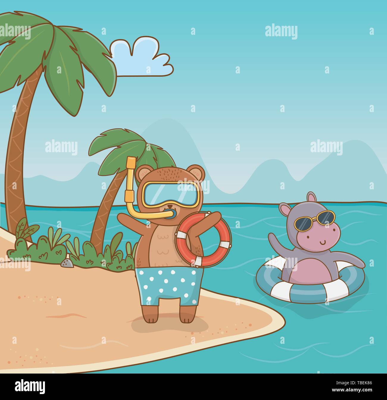 Bear and hippo cartoon design, Summer vacation beach tropical tourism ...