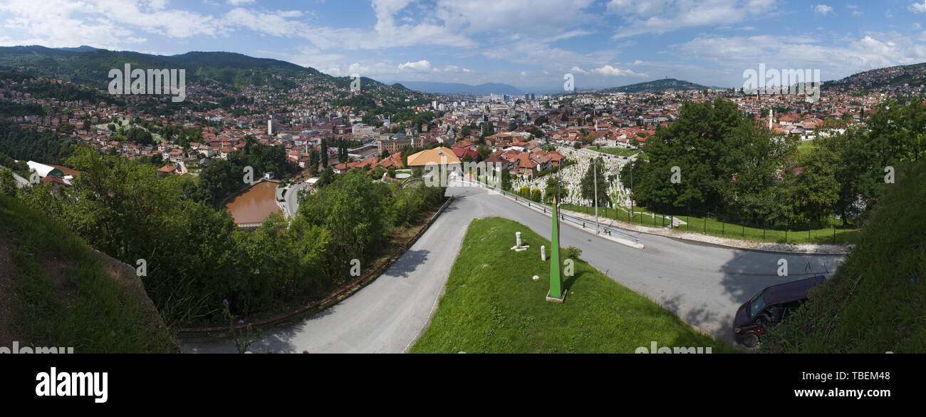 Sarajevo, Bosnia: aerial view of the skyline of the city with the ...