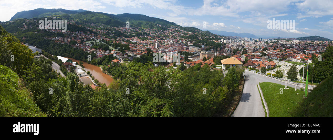 Sarajevo, Bosnia: aerial view of the skyline of the city with the ...