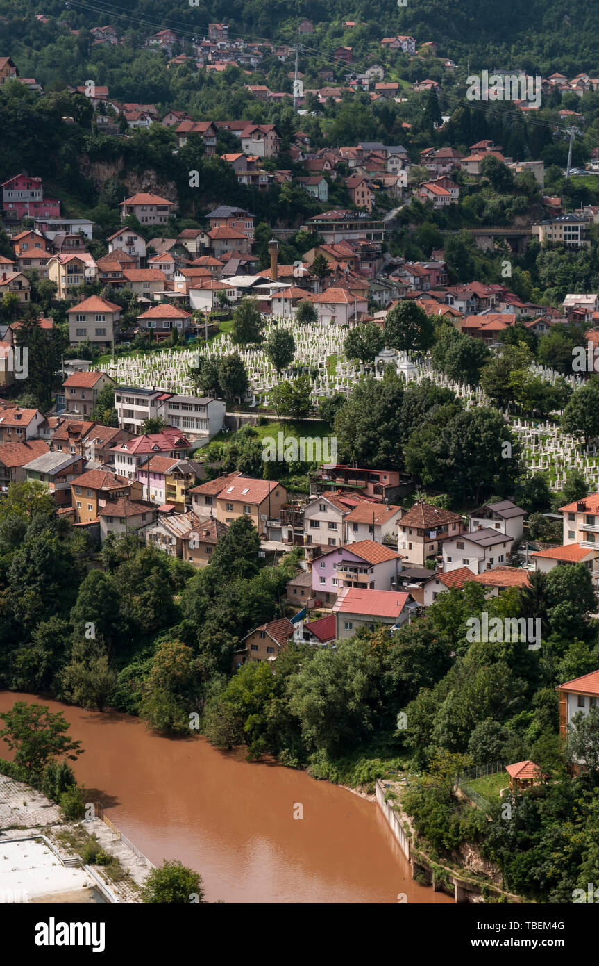 Sarajevo, Bosnia: aerial view of the skyline of the city with the ...