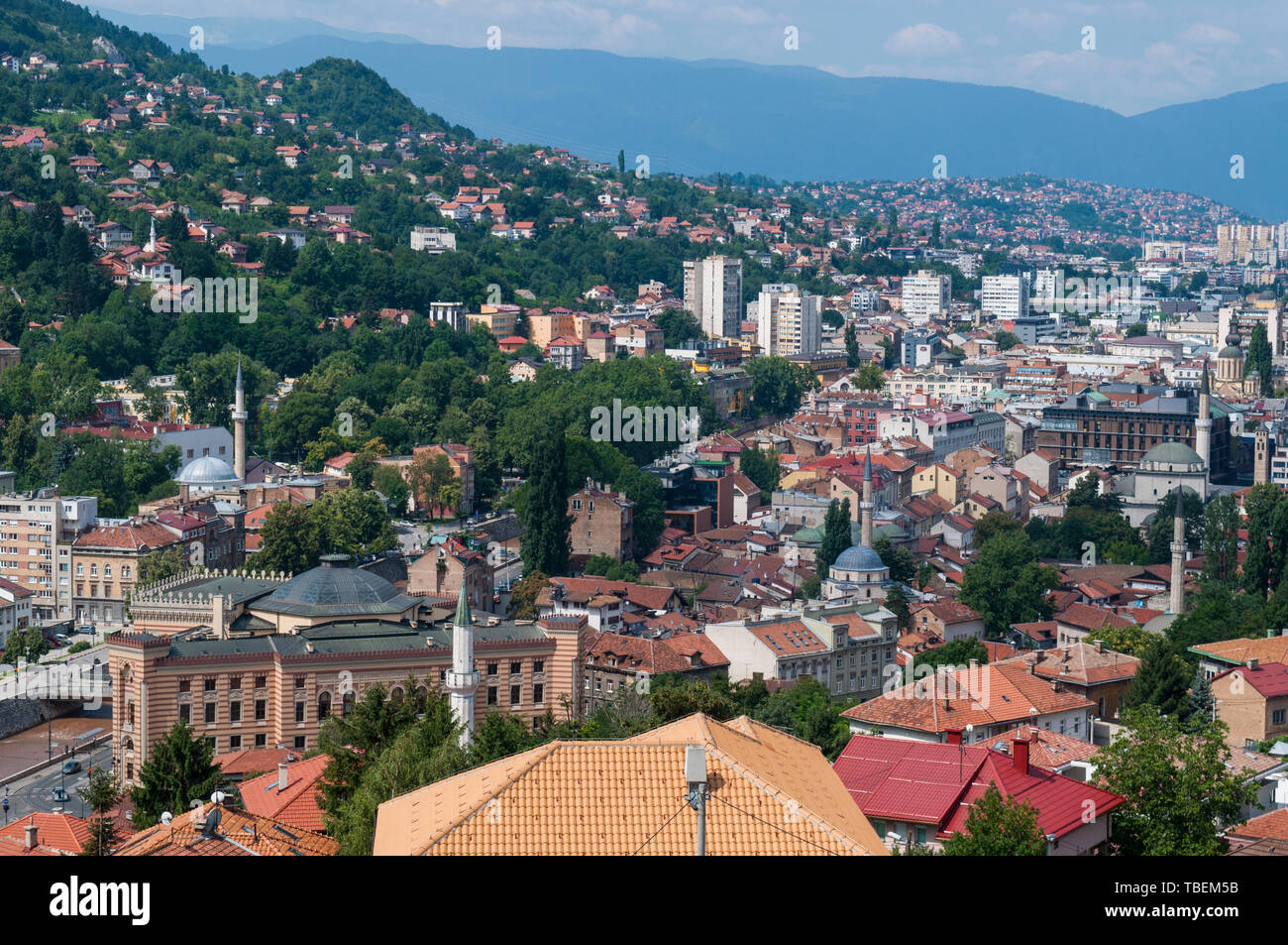Sarajevo, Bosnia: aerial view of the skyline of the city with the ...