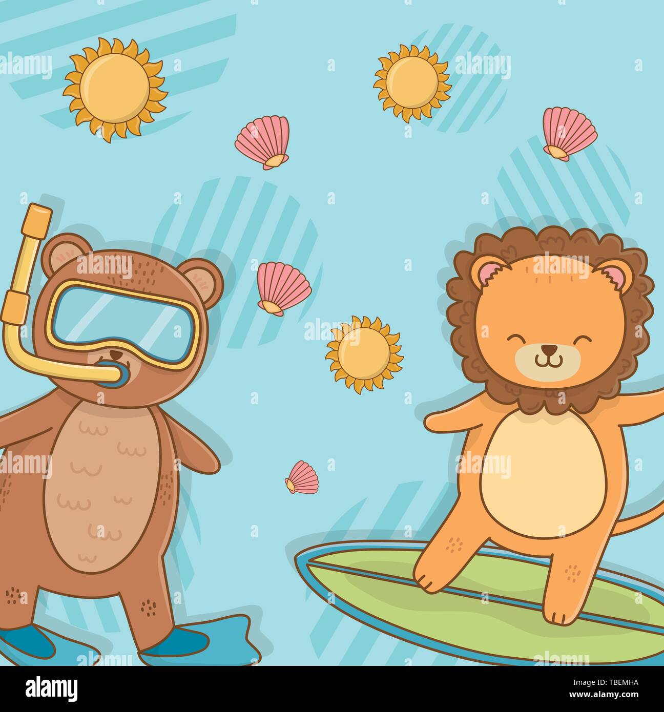Bear and lion cartoon design, Summer vacation beach tropical tourism ...