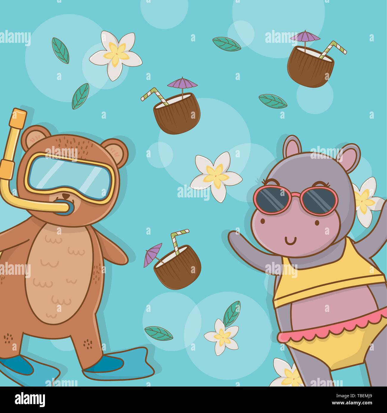Bear and hippo cartoon design, Summer vacation beach tropical tourism ...