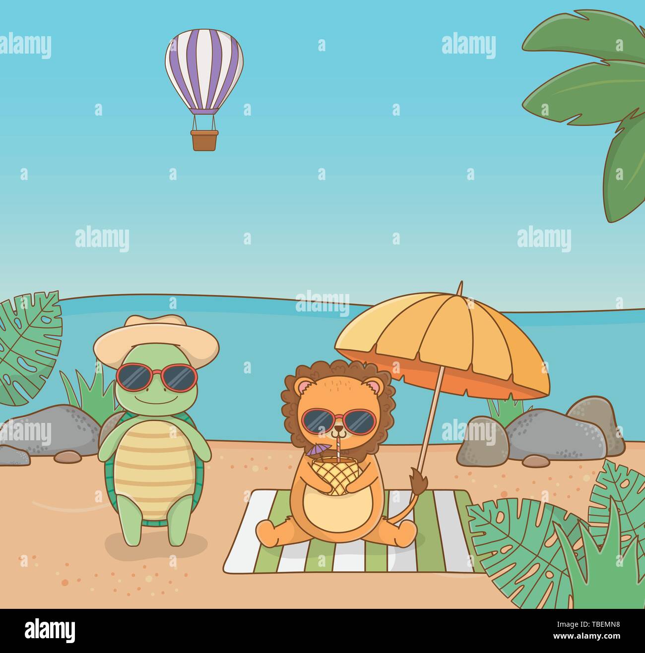 Turtle and lion cartoon design, Summer vacation tourism and season ...