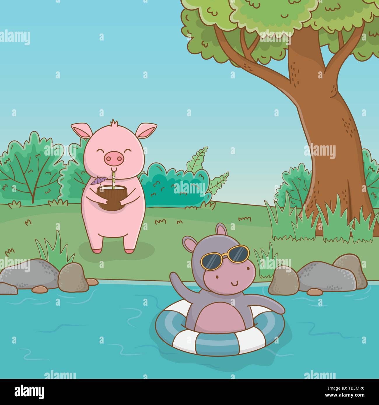 Hippo and pig cartoon design, Summer vacation tourism and season theme ...