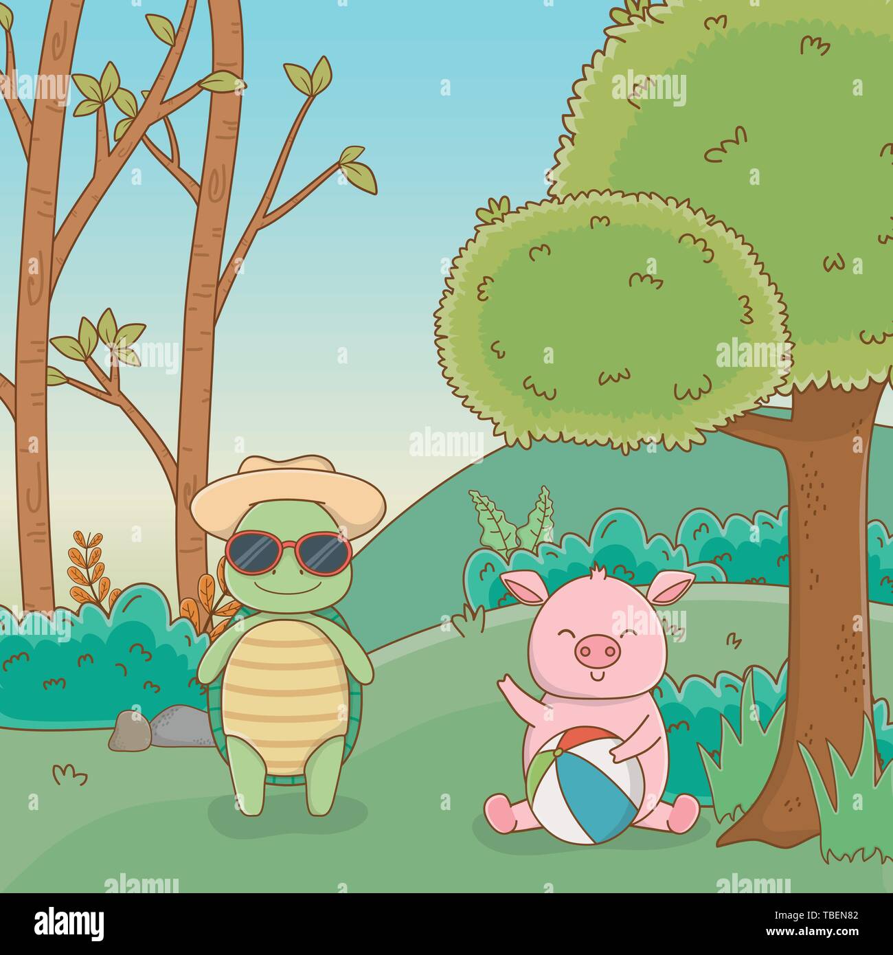 Turtle and pig cartoon design, Summer vacation tourism and season theme ...