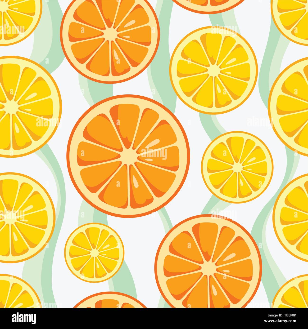 Lemon and orange slices seamless pattern on wavy background. Cute style. Citrus fruit background ...