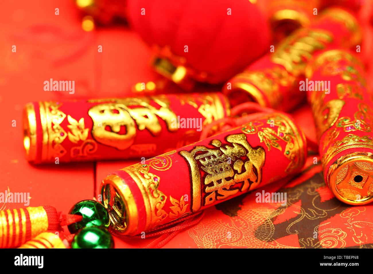 Spring Festival firecrackers red lanterns Stock Photo - Alamy
