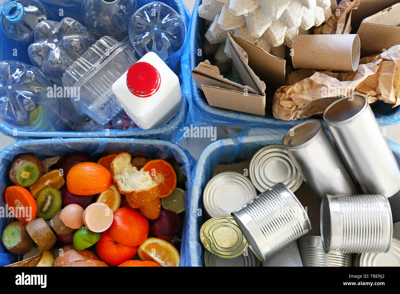 Containers with different types of garbage, top view Stock Photo - Alamy