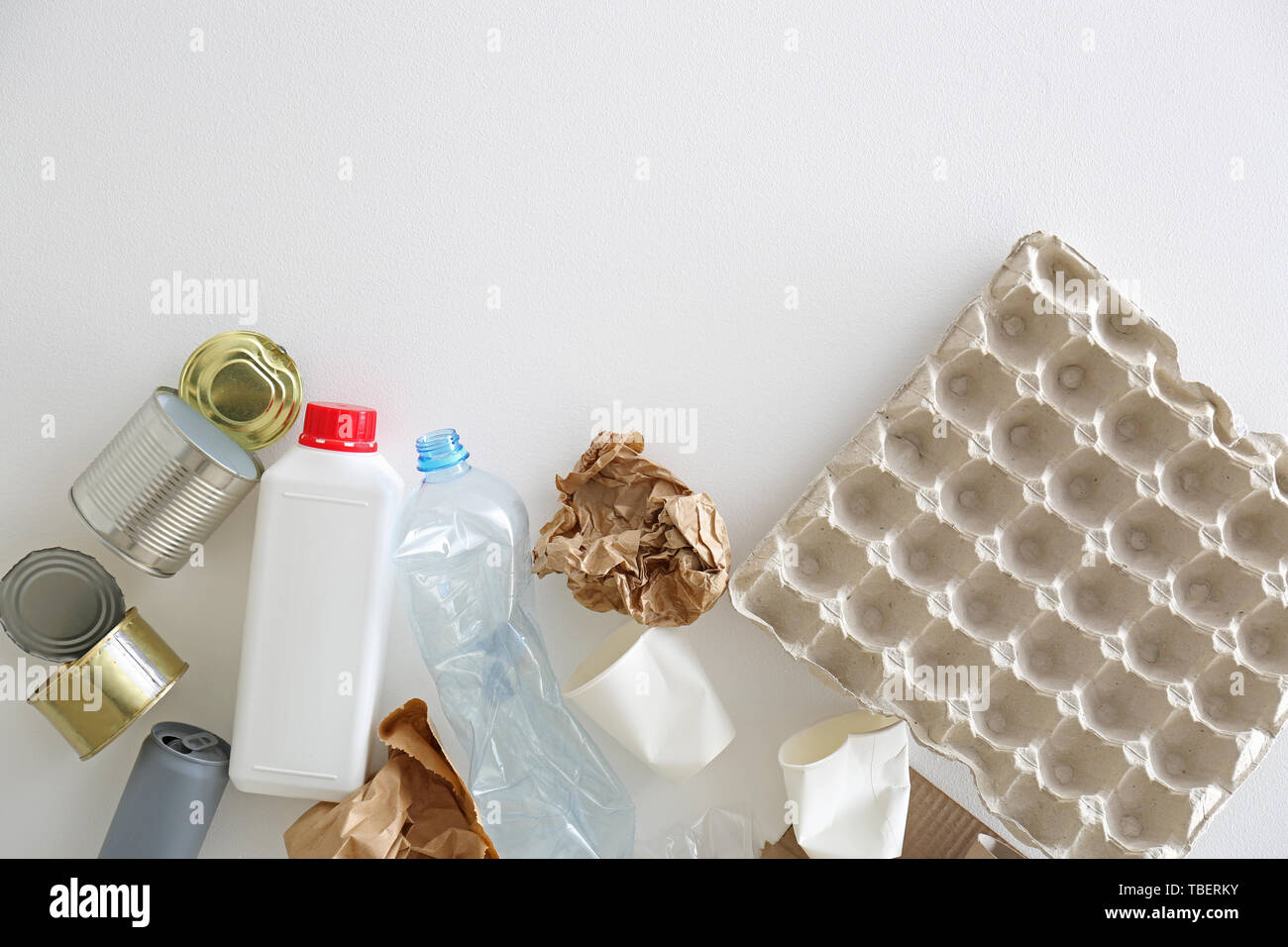 Different types of garbage on white background Stock Photo - Alamy
