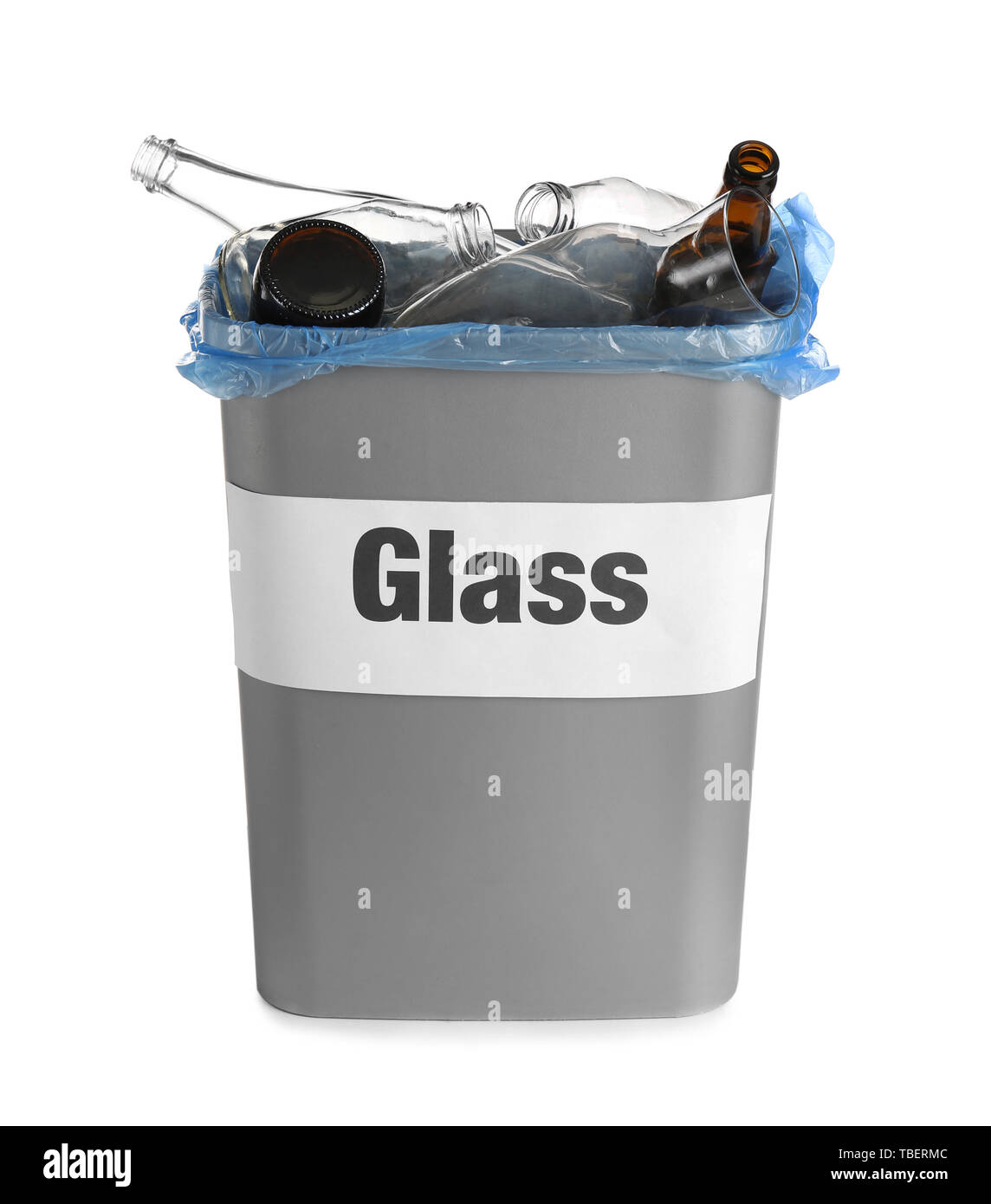 Trash bin with glass garbage on white background Stock Photo - Alamy