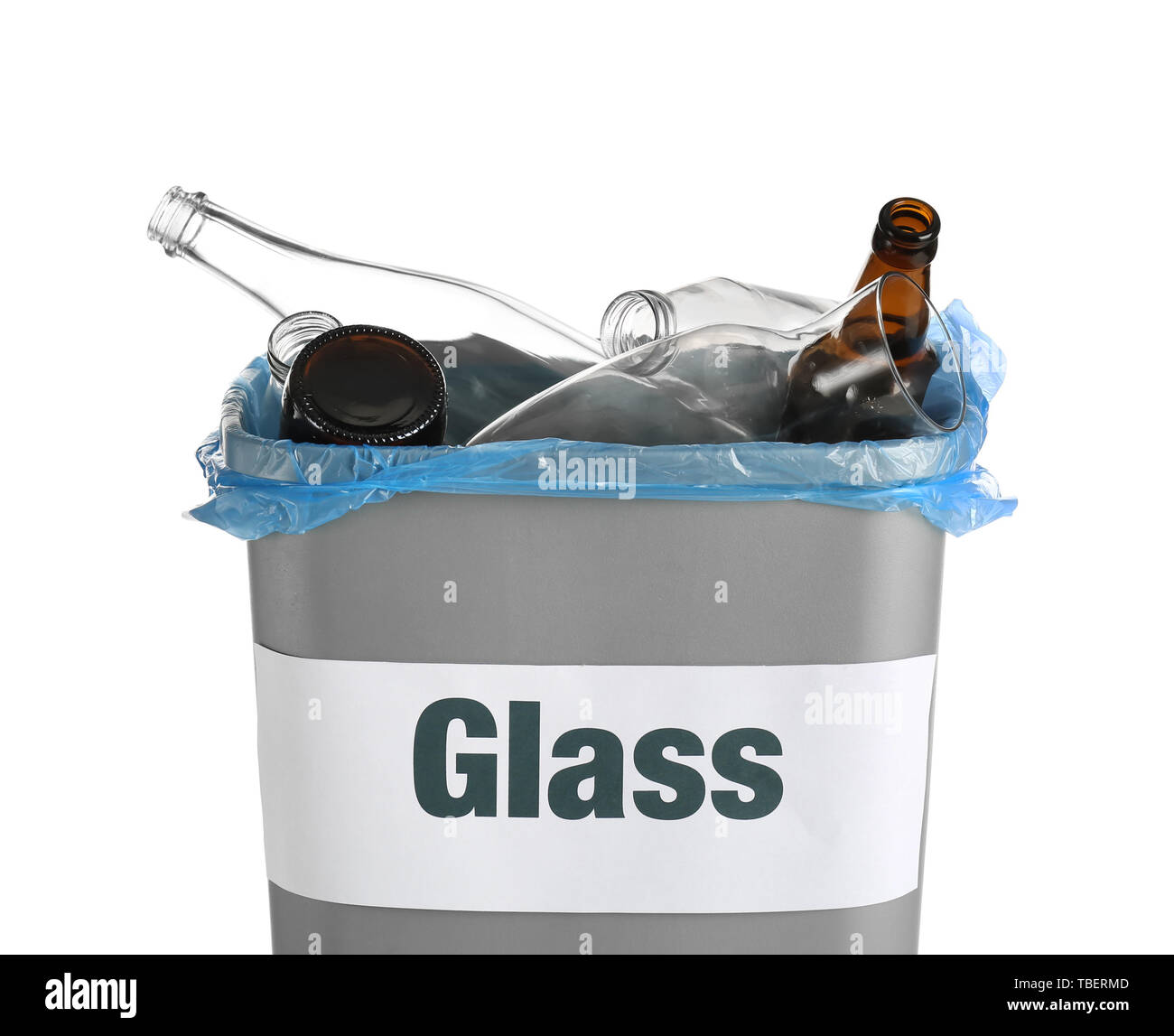 Trash bin with glass garbage on white background Stock Photo - Alamy