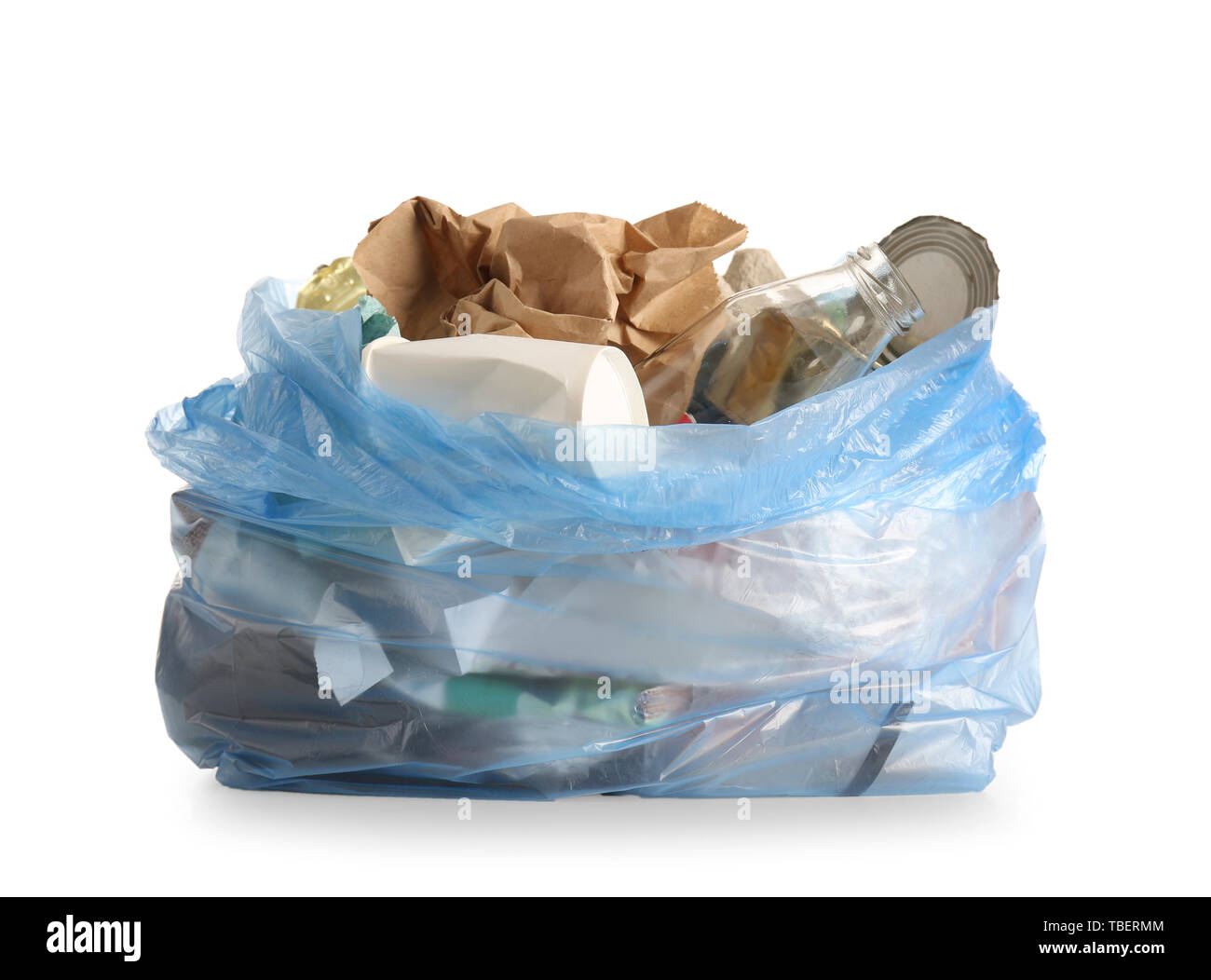 Polyethylene bag with garbage on white background Stock Photo - Alamy