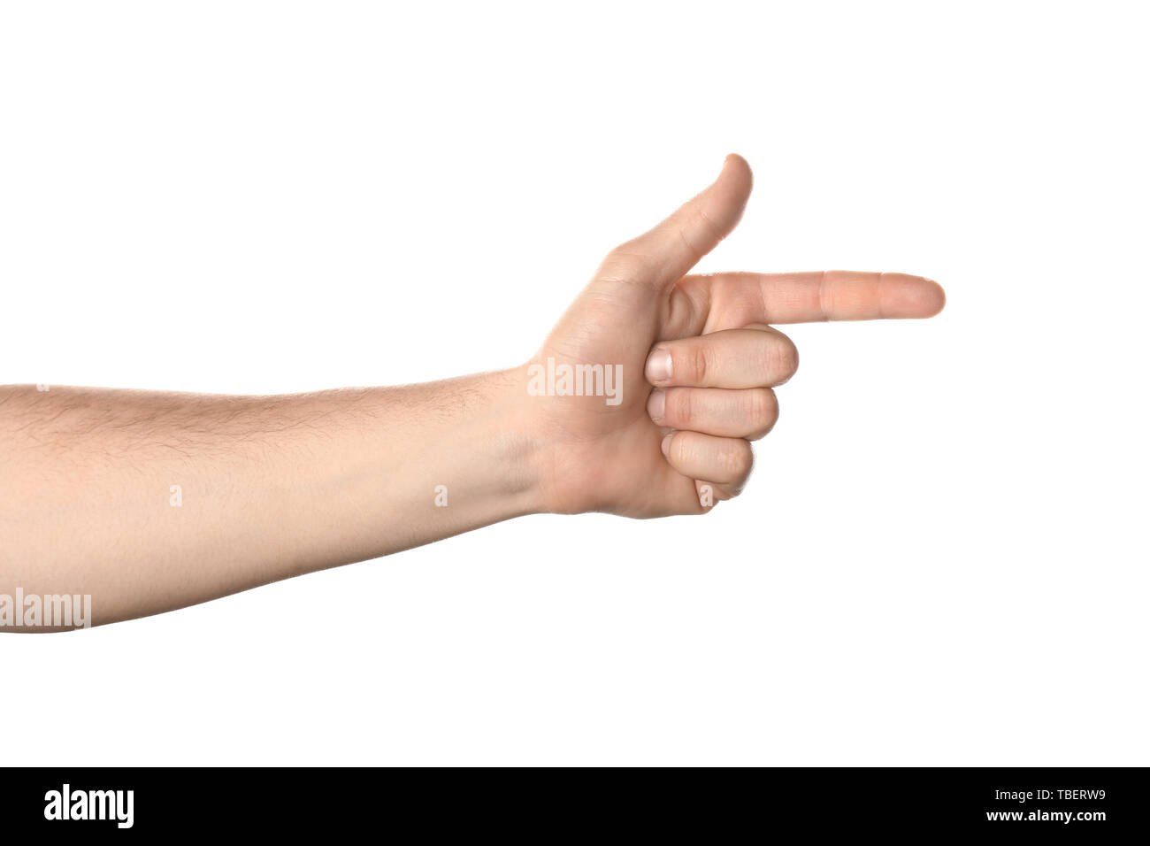 Male hand pointing at something on white background Stock Photo - Alamy