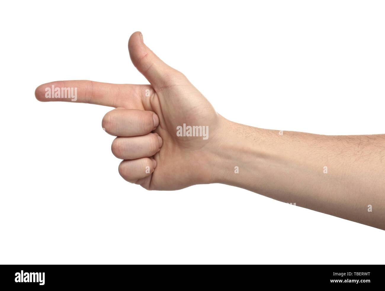 Male hand pointing at something on white background Stock Photo - Alamy