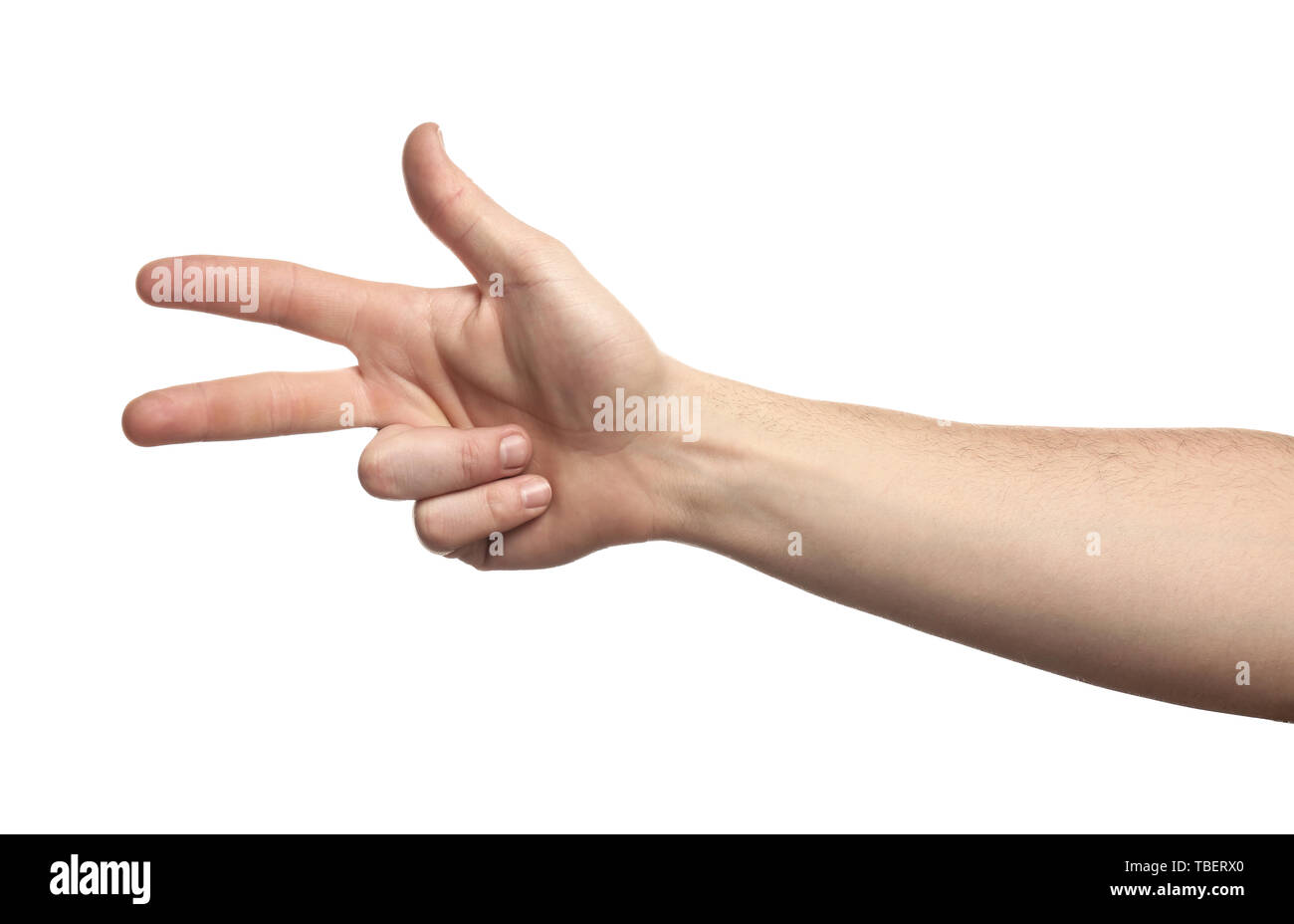 Male hand showing two fingers on white background Stock Photo - Alamy