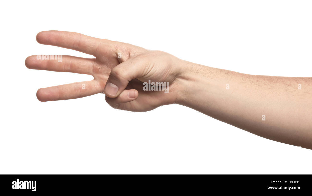 Male hand showing three fingers on white background Stock Photo - Alamy