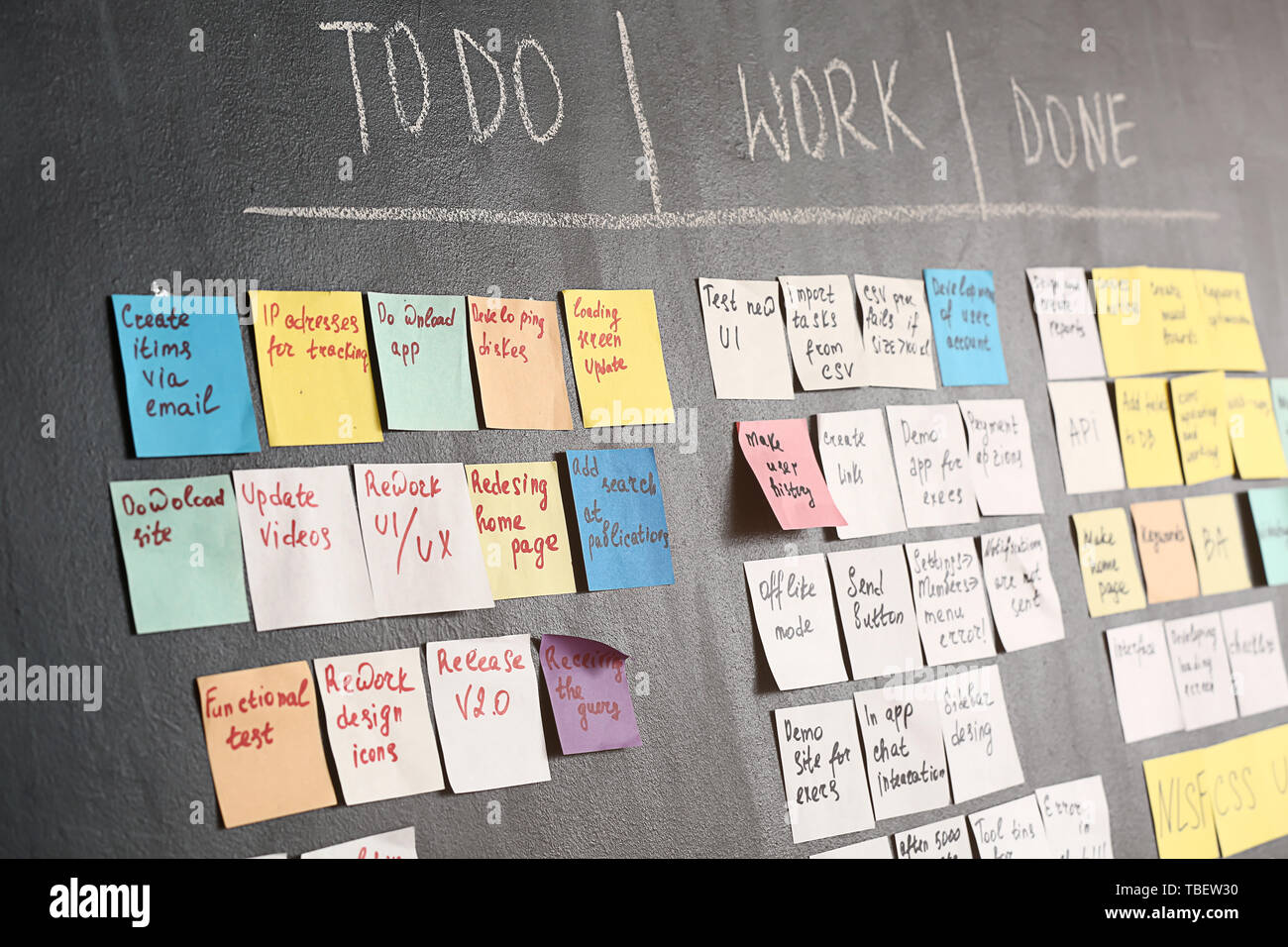 Scrum task board on dark wall in office Stock Photo - Alamy