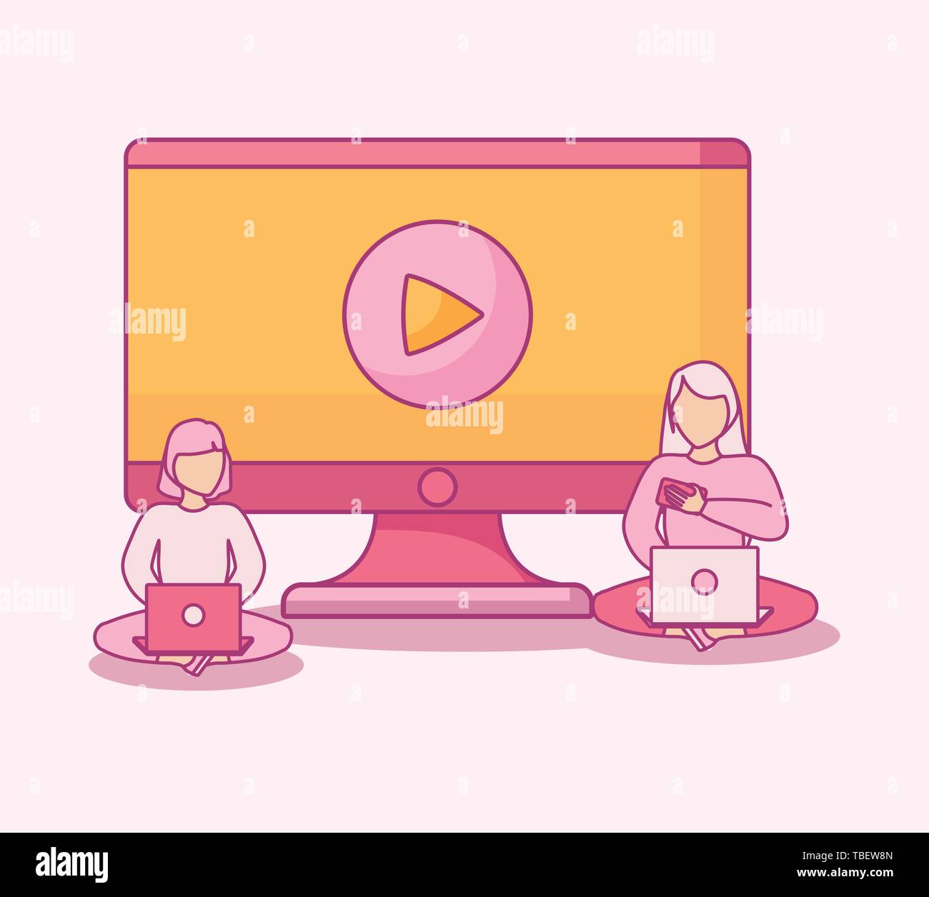 group of women using laptop with monitor computer vector illustration ...