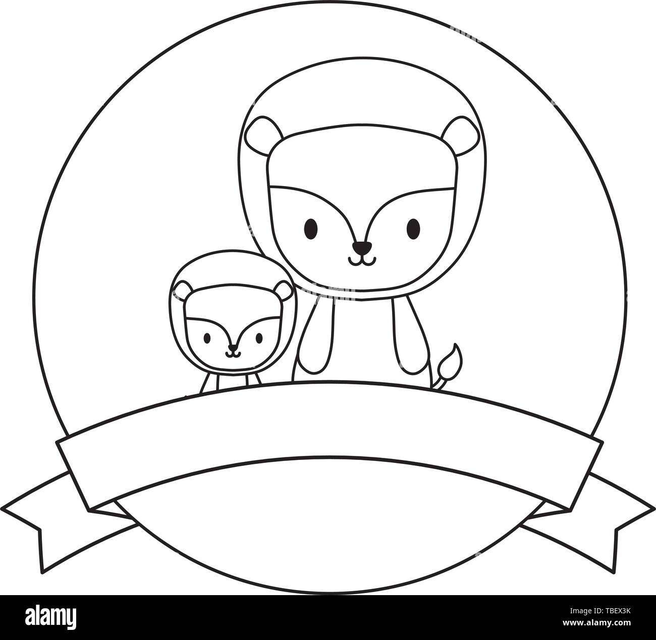 cute lions animals in frame circular with ribbon vector illustration ...