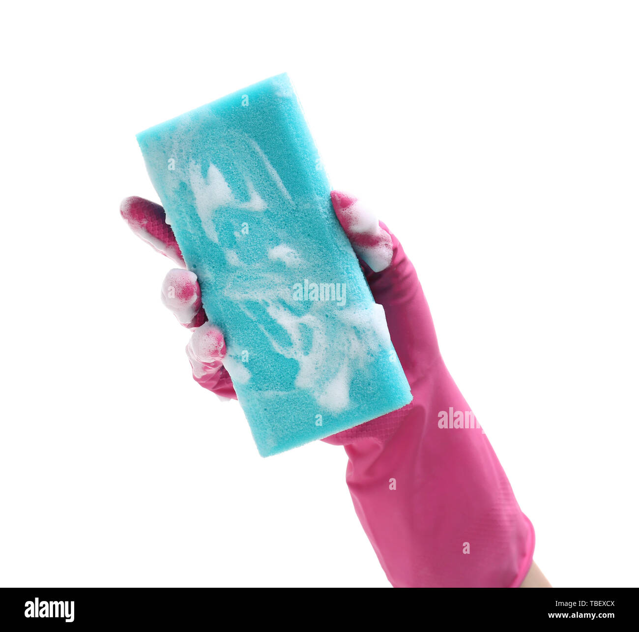 Female hand with sponge on white background Stock Photo - Alamy