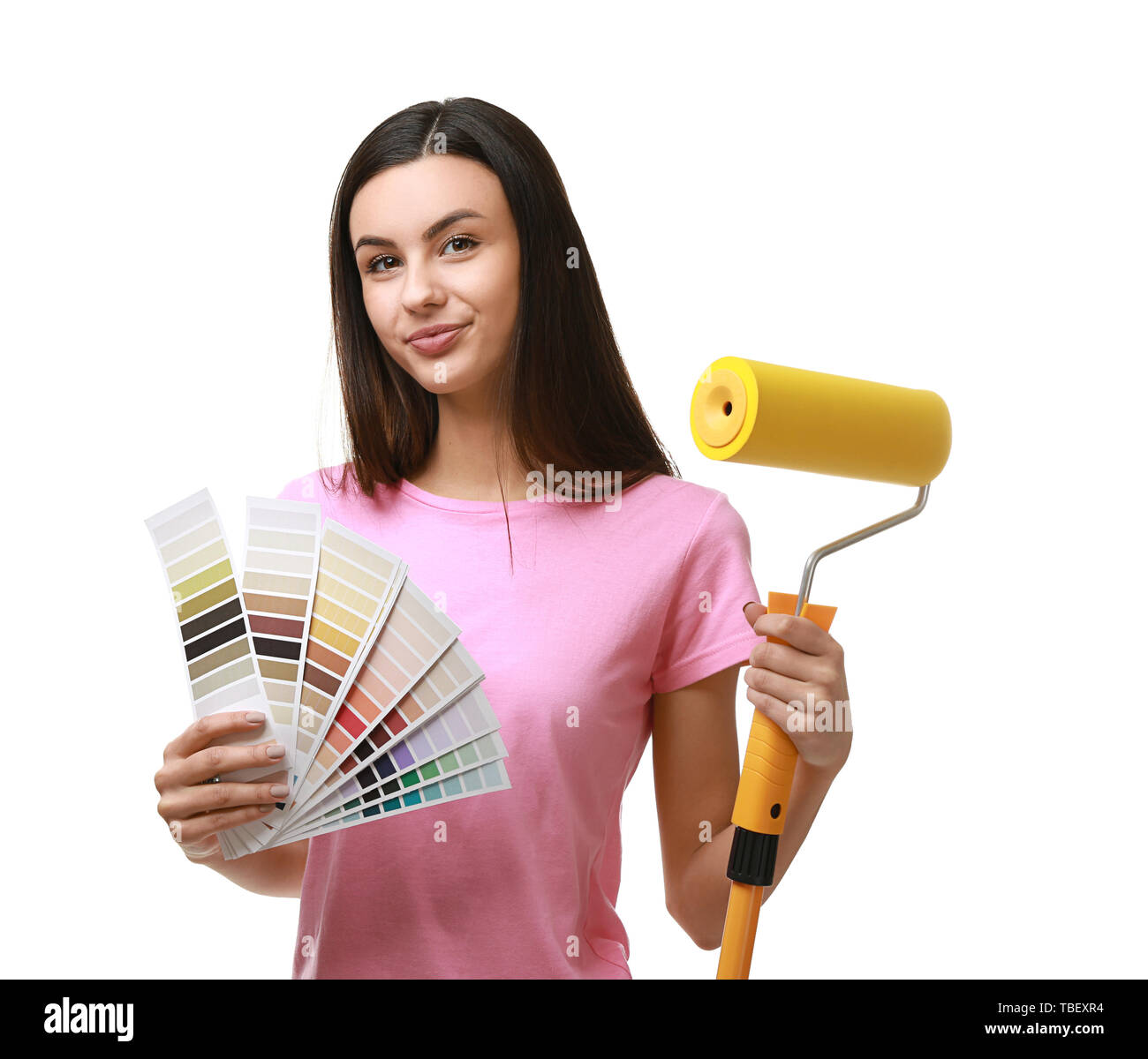 Female decorator on white background Stock Photo - Alamy