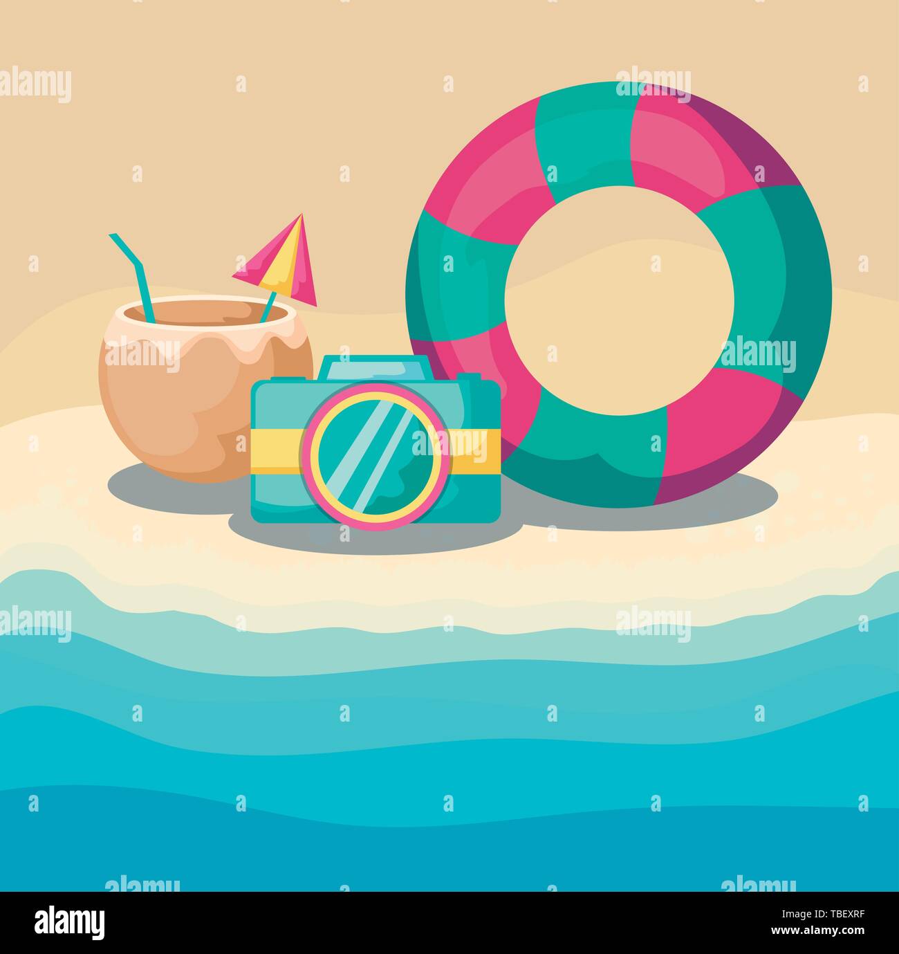 summer beach with float with set icons vector illustration design Stock ...