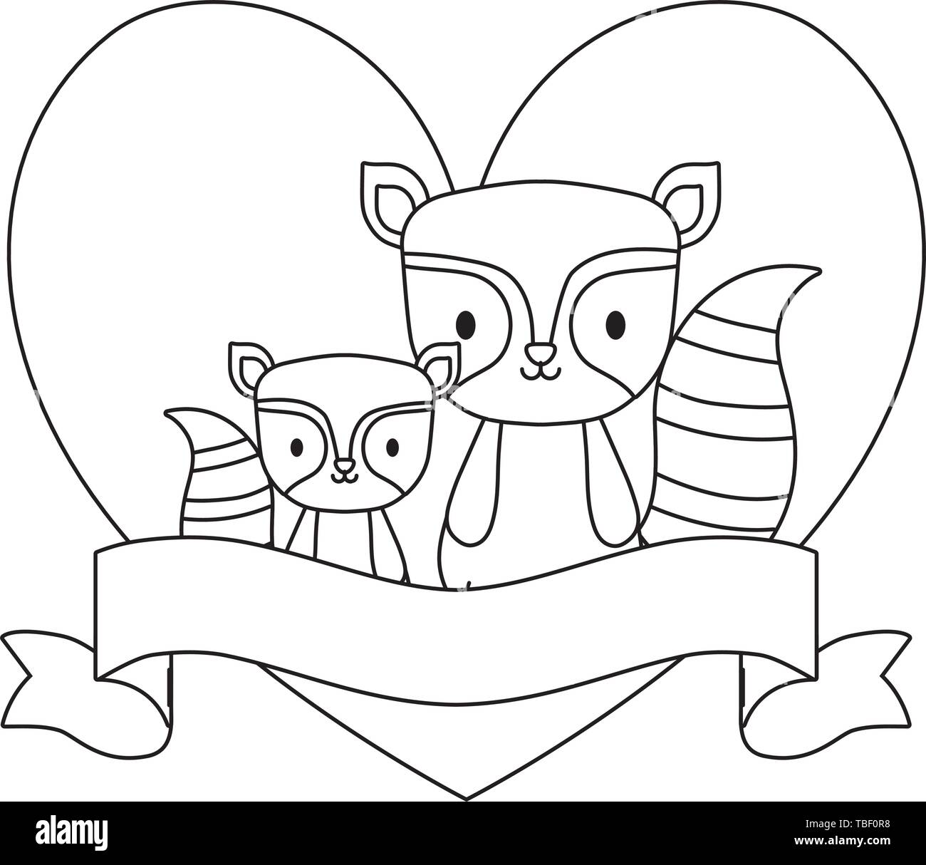 group of raccoons in frame with heart shape and ribbon vector ...