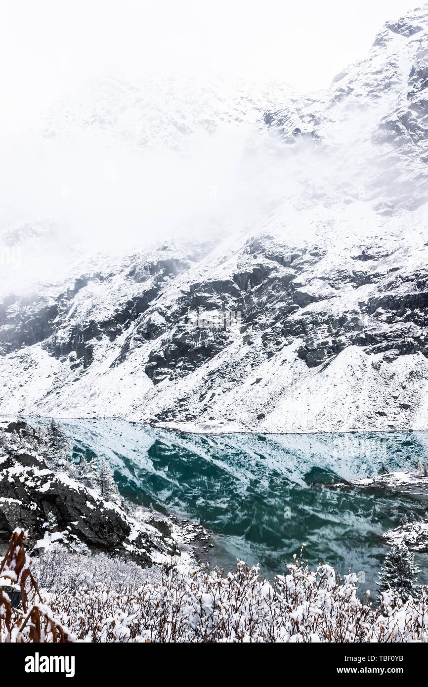 Turquoise mountain lake. Winter and snow in mountain valley Stock Photo ...