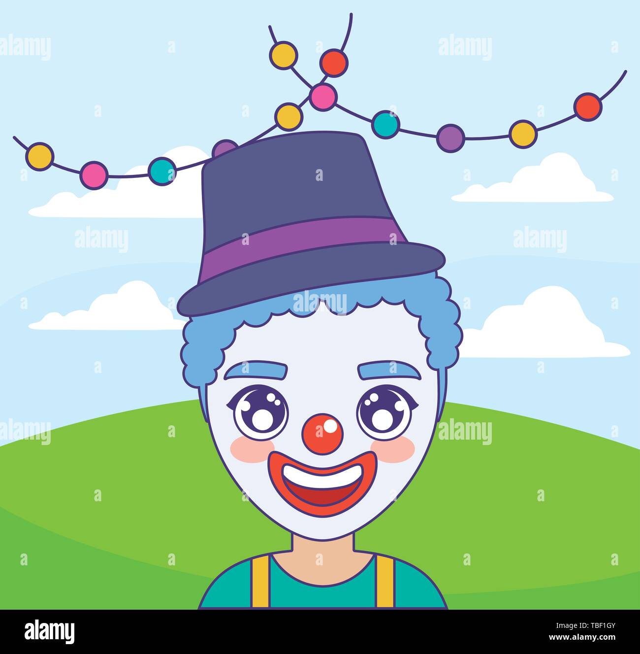 clown of circus in landscape with garlands hanging vector illustration ...