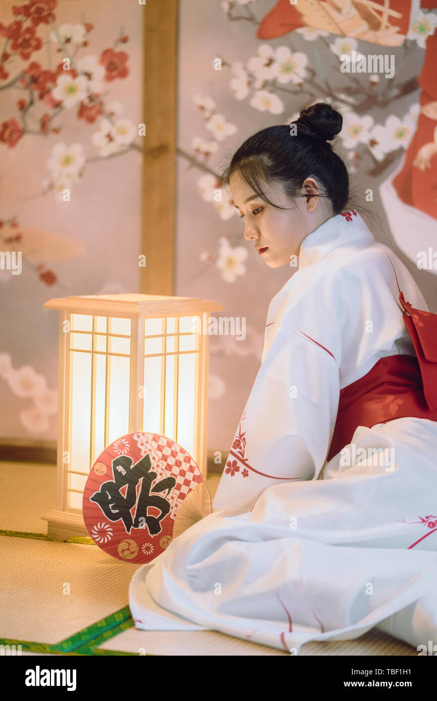 Japanese maiden and lantern Stock Photo - Alamy