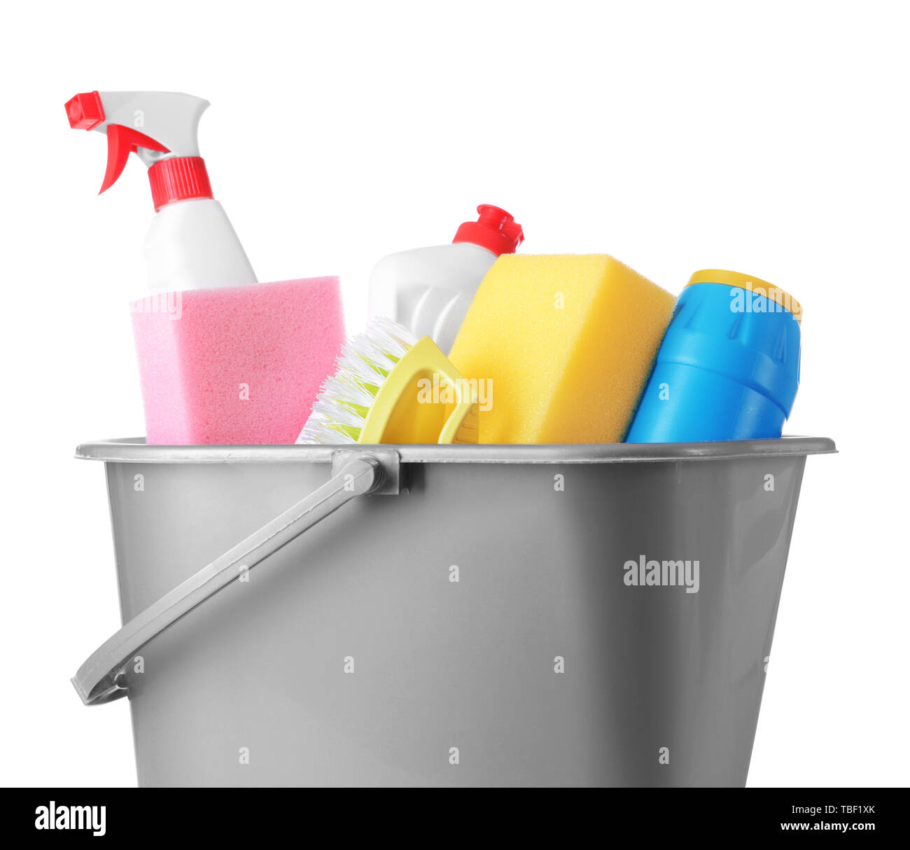 Set of cleaning supplies on white background Stock Photo - Alamy