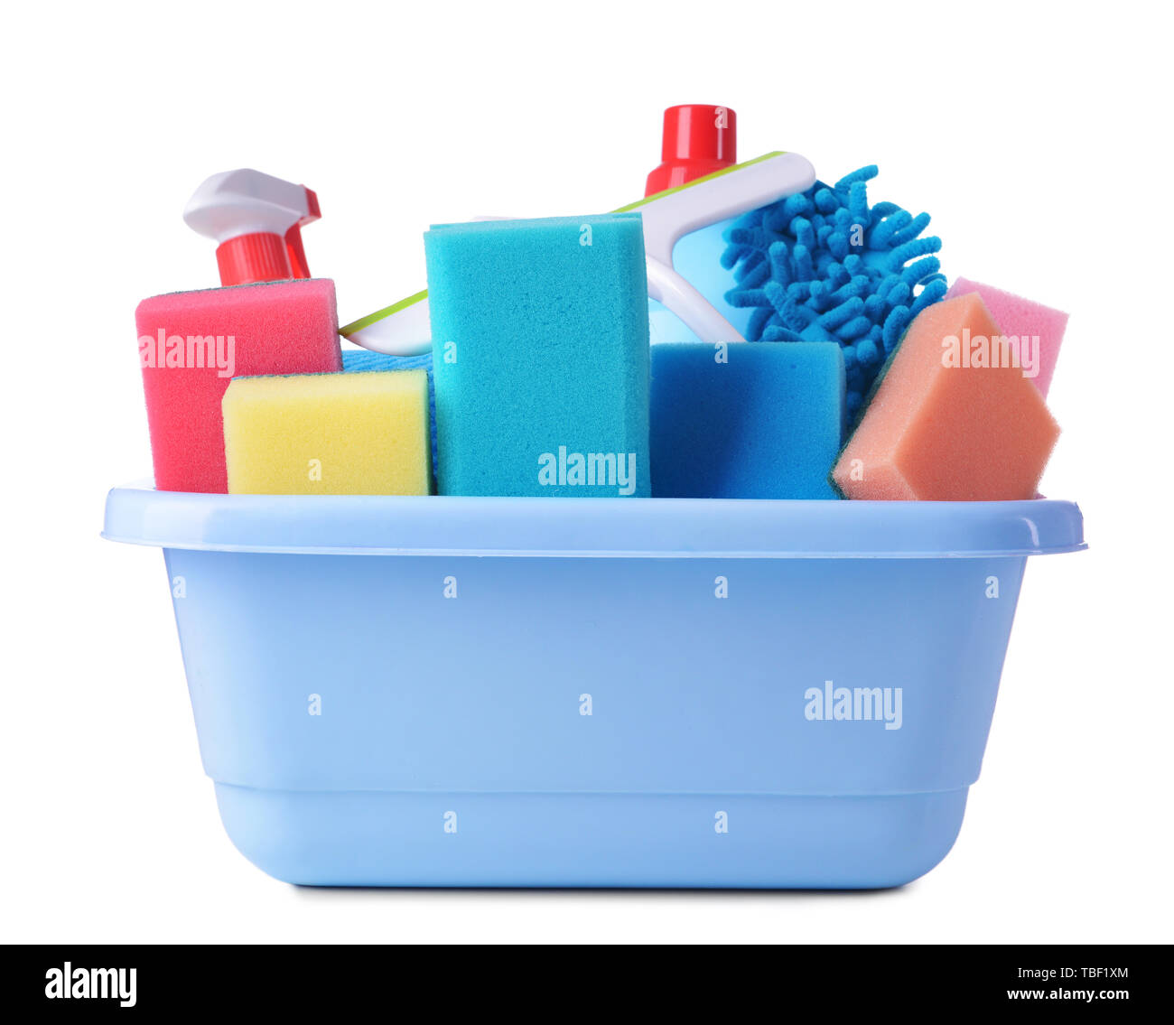 Set of cleaning supplies on white background Stock Photo - Alamy