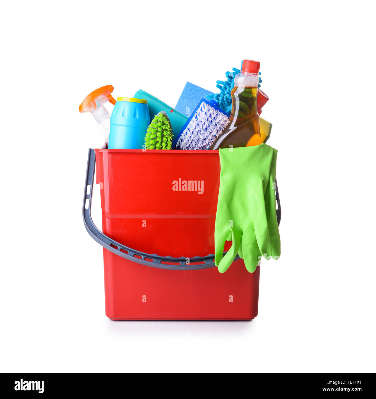 Set of cleaning supplies on white background Stock Photo - Alamy