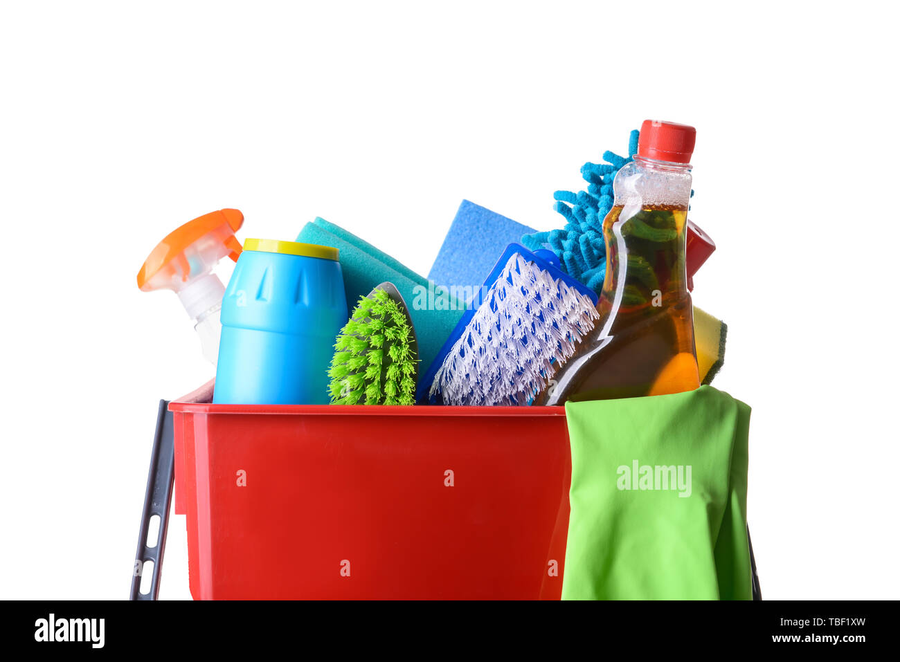 Set of cleaning supplies on white background Stock Photo - Alamy
