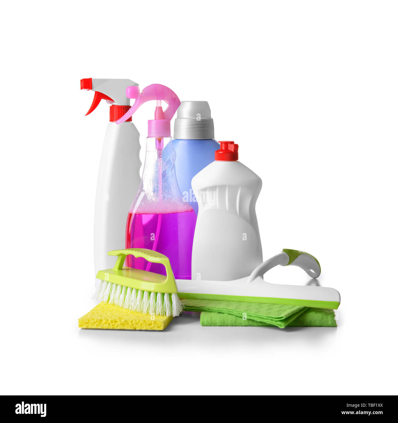 Set of cleaning supplies on white background Stock Photo - Alamy