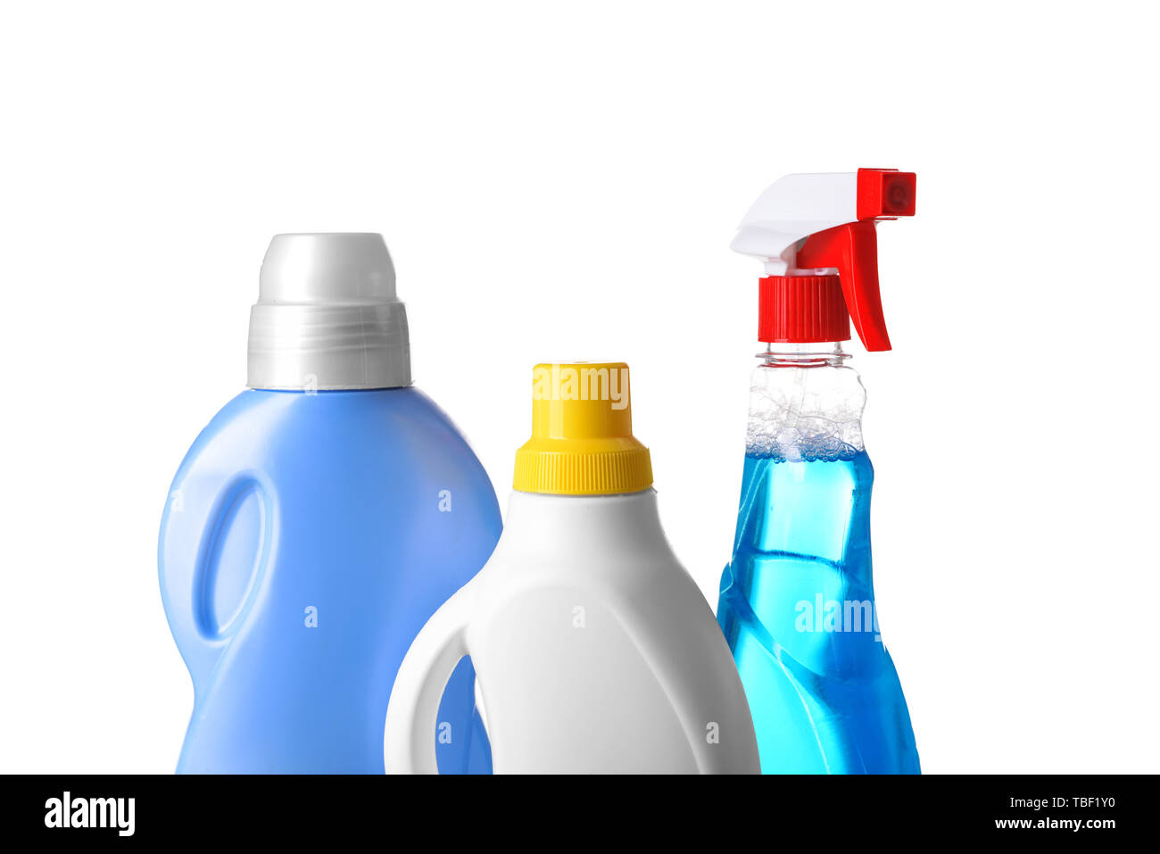 Set of detergents for cleaning on white background Stock Photo - Alamy