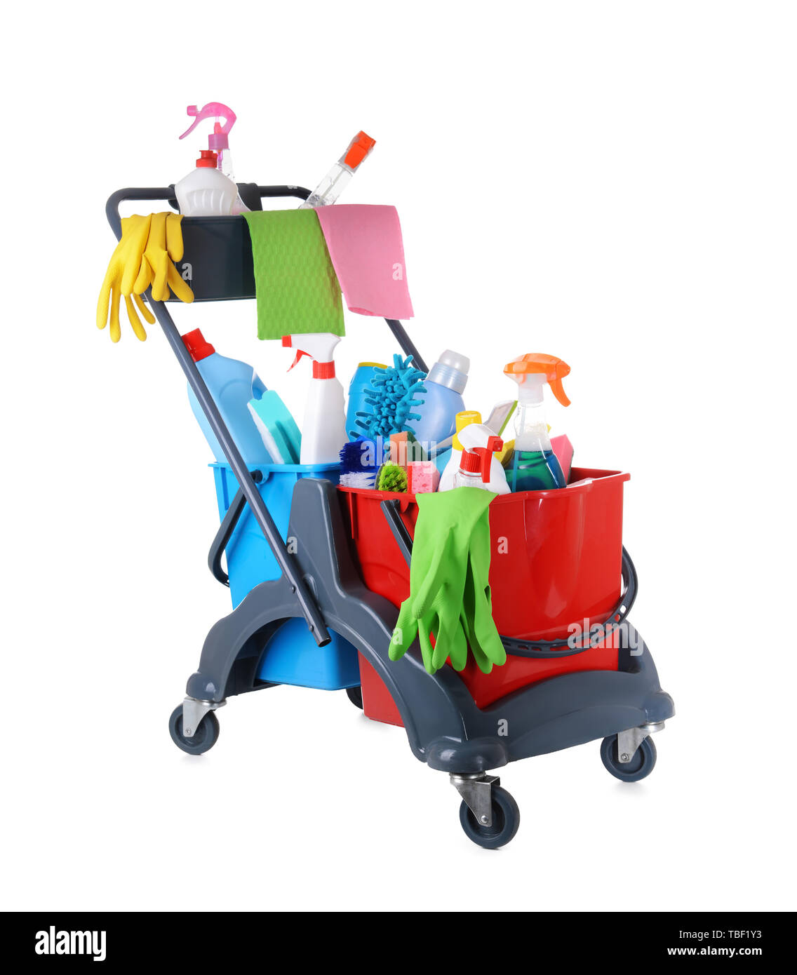 Set of cleaning supplies on white background Stock Photo - Alamy