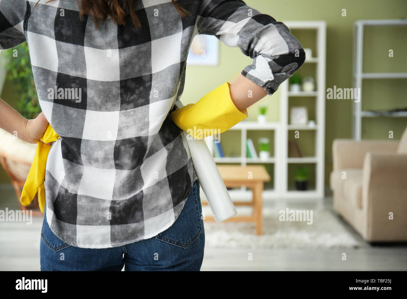 Woman going to clean her flat Stock Photo - Alamy