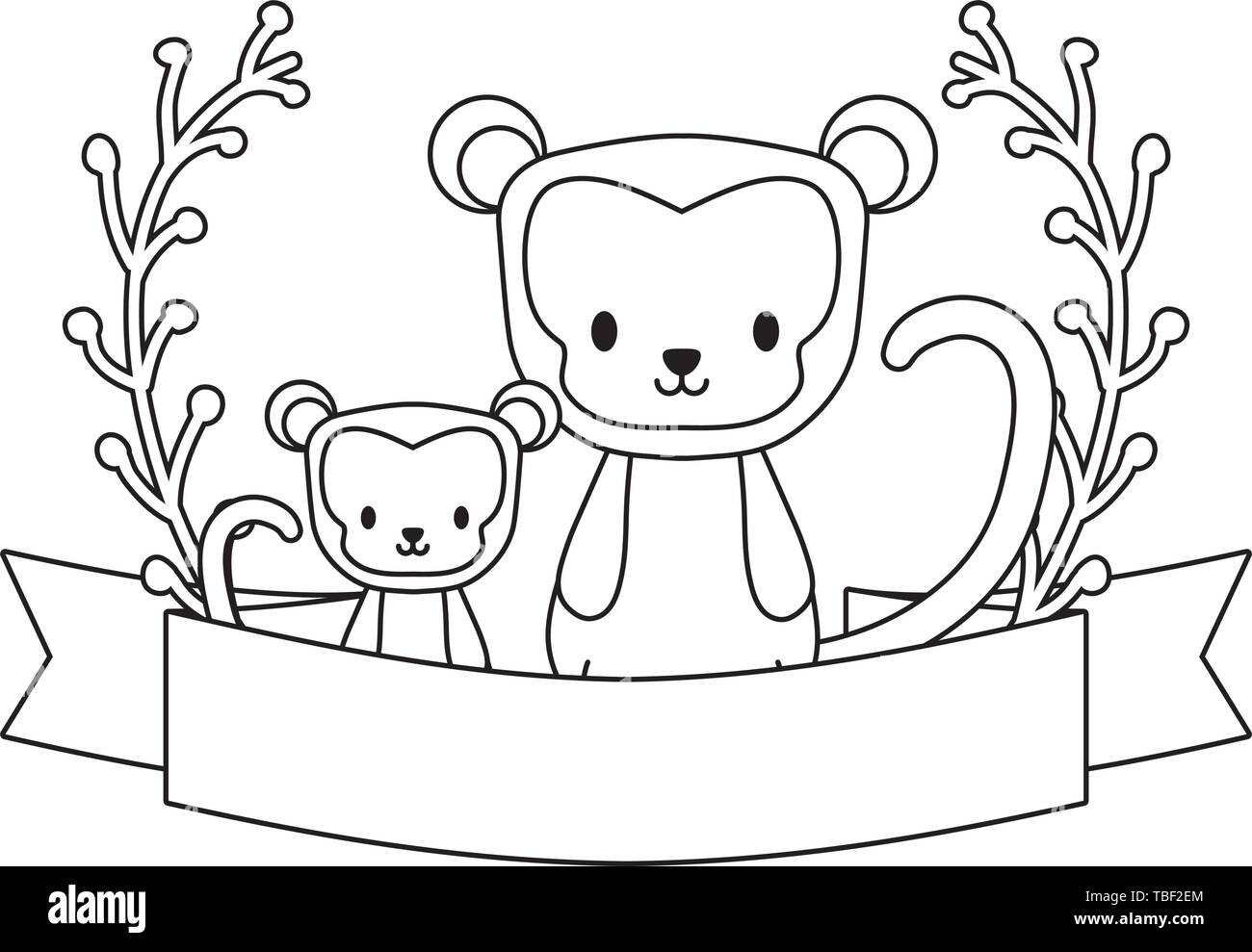 cute monkeys with ribbon decoration and branches vector illustration ...