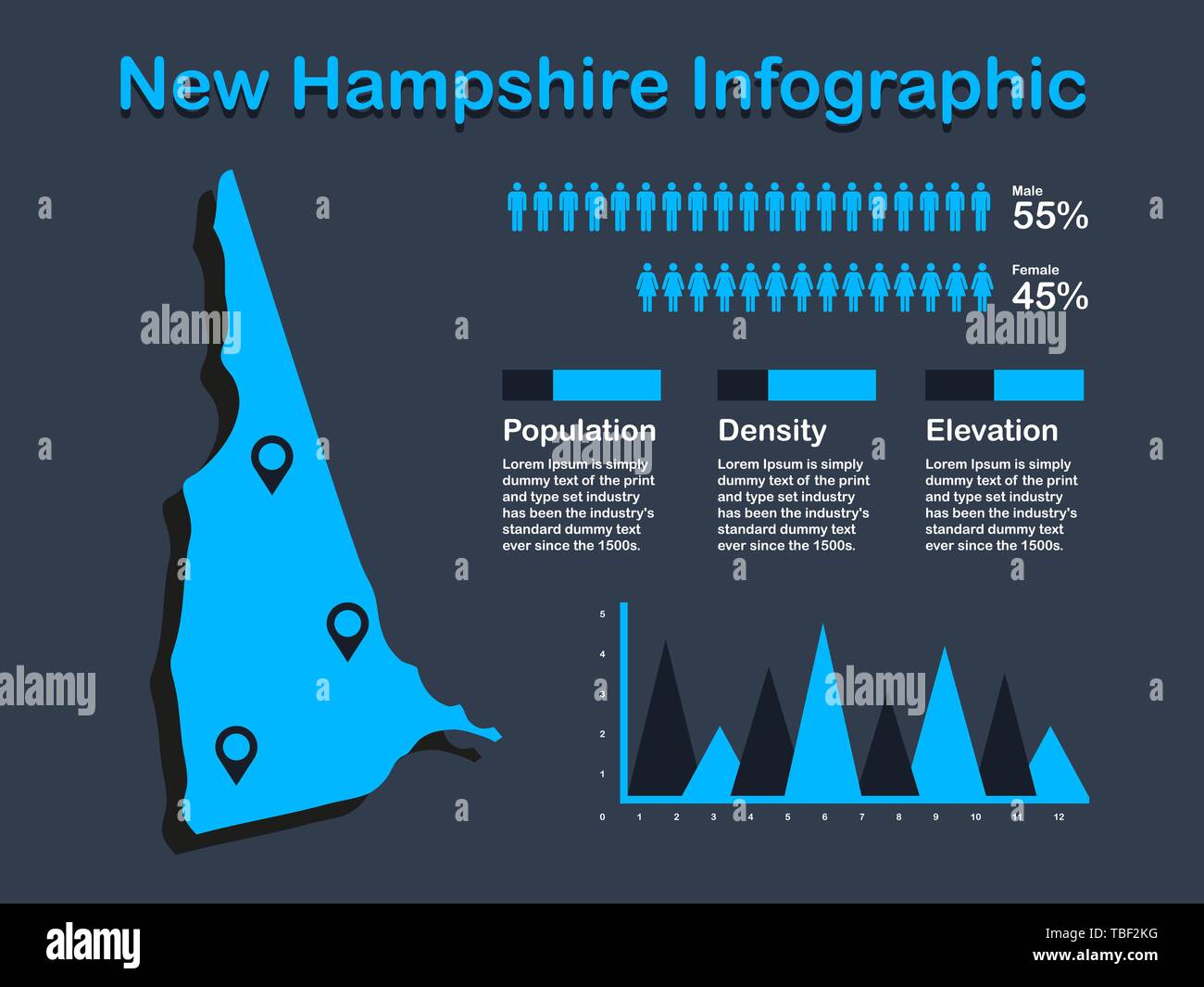 New Hampshire State (USA) Map with Set of Infographic Elements in Blue ...
