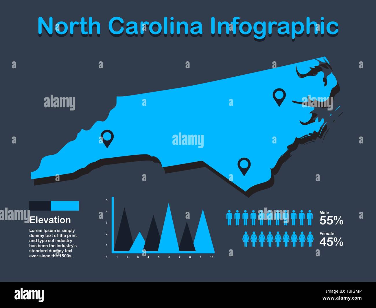 North Carolina State (USA) Map with Set of Infographic Elements in Blue ...